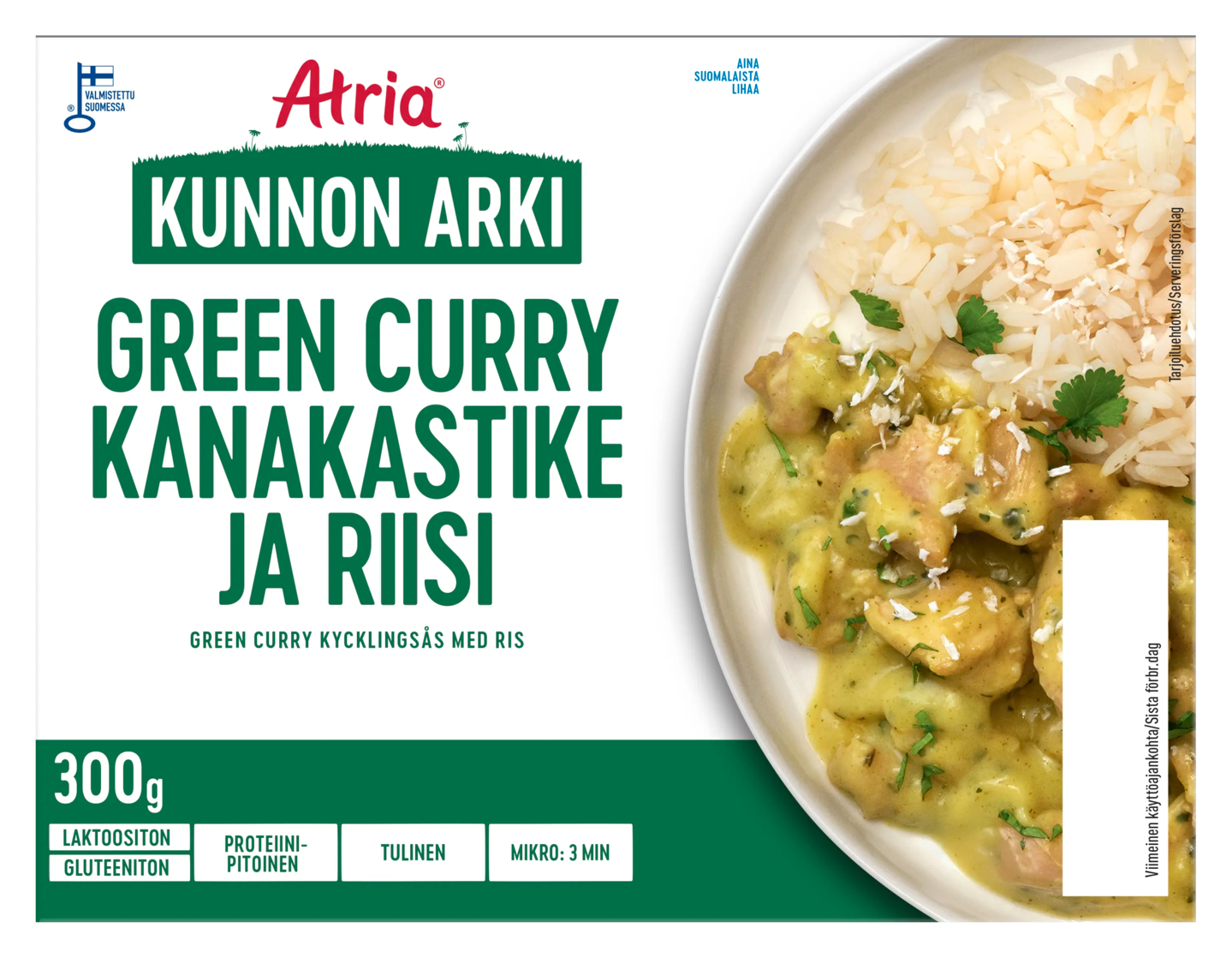 Atria Kunnon Arki Green Curry Kanakastike ja Riisi 4x300g | Ammattilaiset